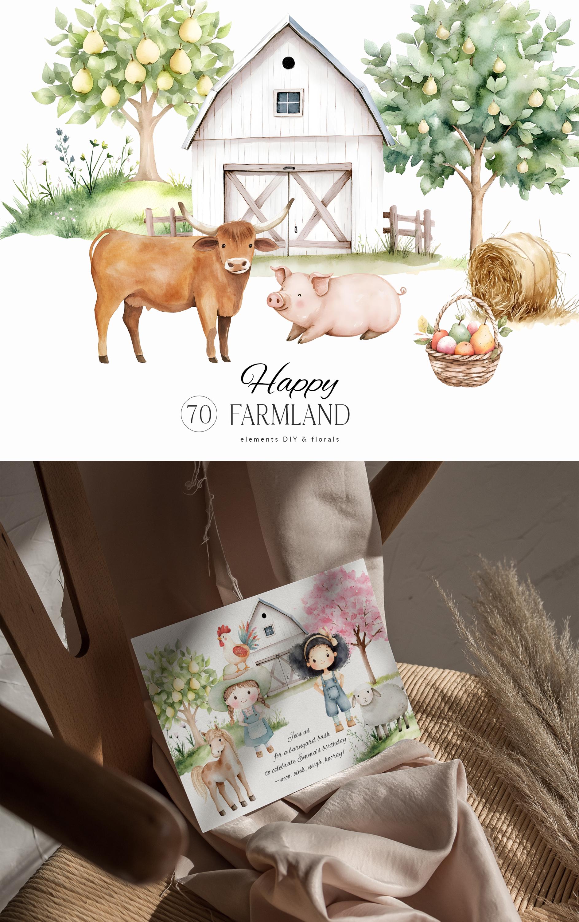 Cute Watercolor Farm Life Clipart - Farmland Animals - Watercolor Farm ...
