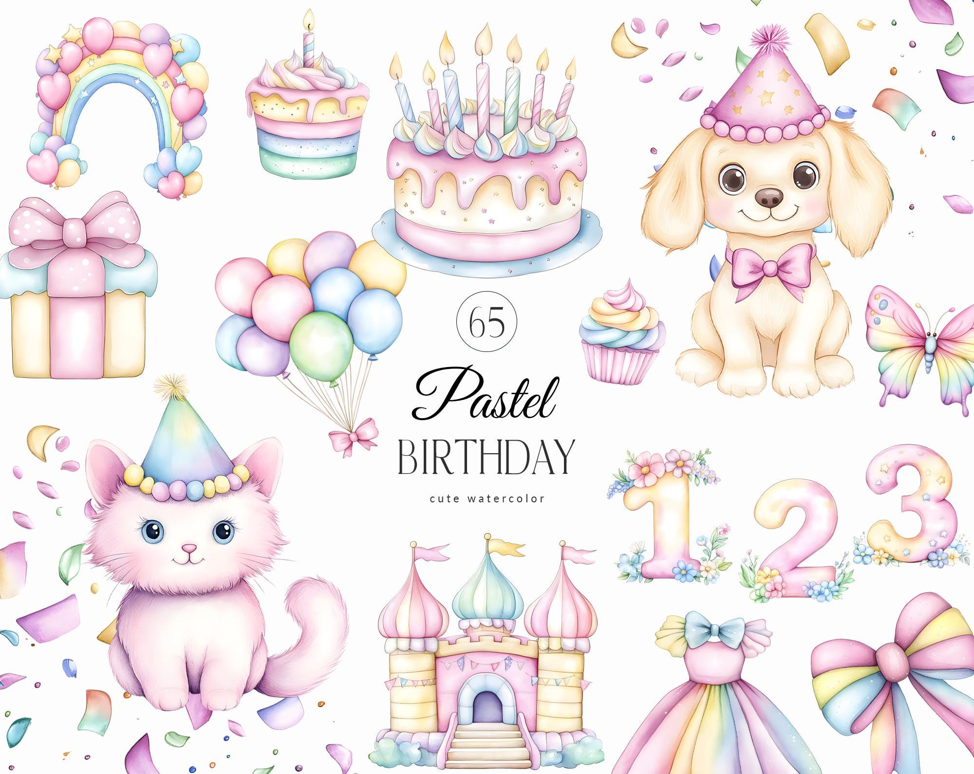 Pastel Birthday Clipart - Rainbow Watercolor Cakes & Balloons, Cute ...