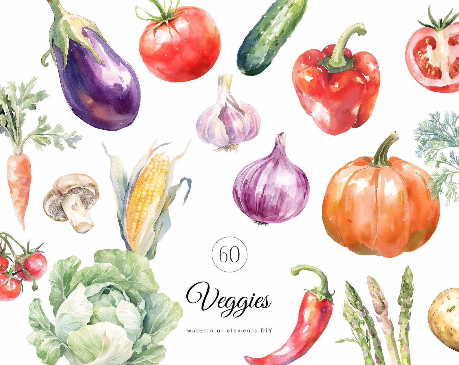 Watercolor Veggies PNG - Watercolor Fresh Vegetables Clipart - Food ...