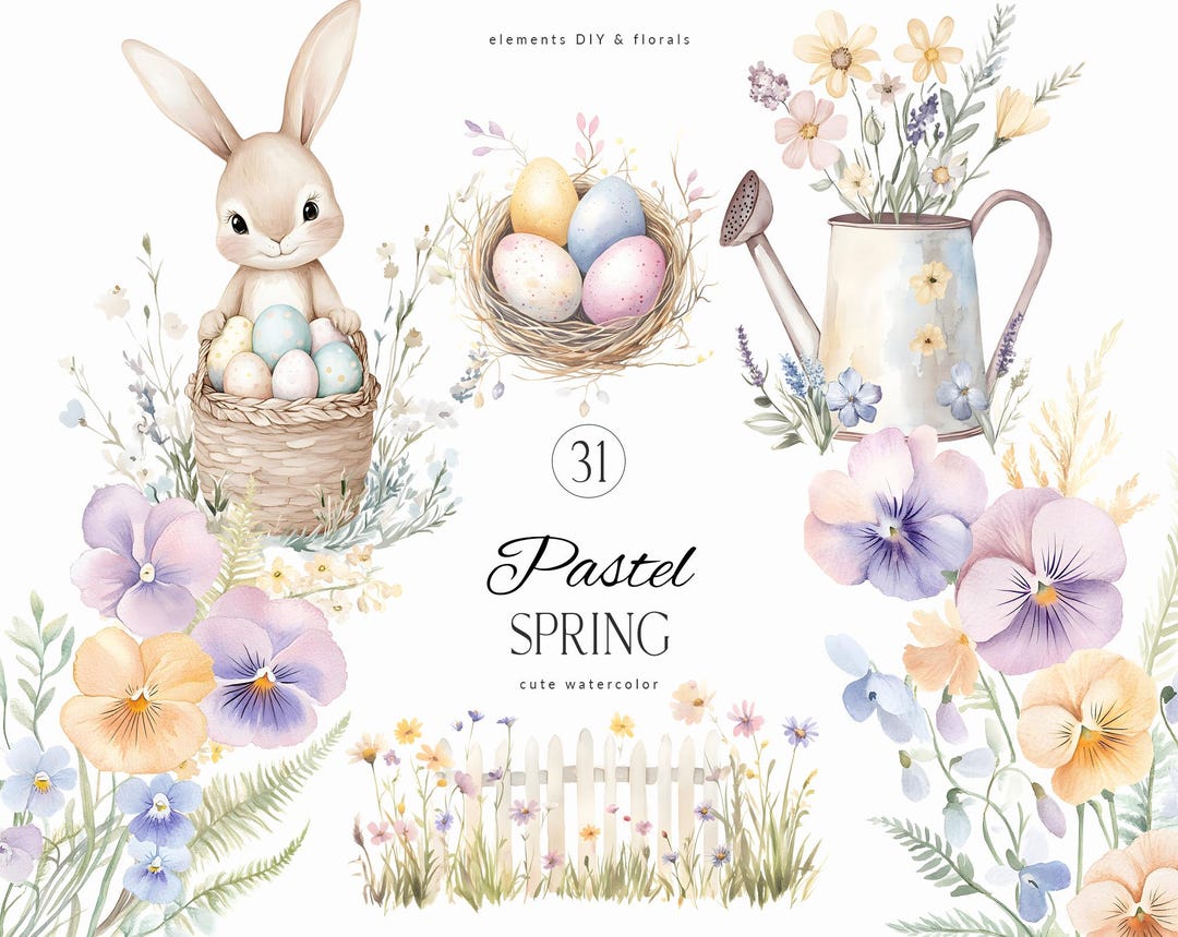 Cute Pastel Spring Watercolor Clipart - Delicate Spring Nursery - Sweet ...