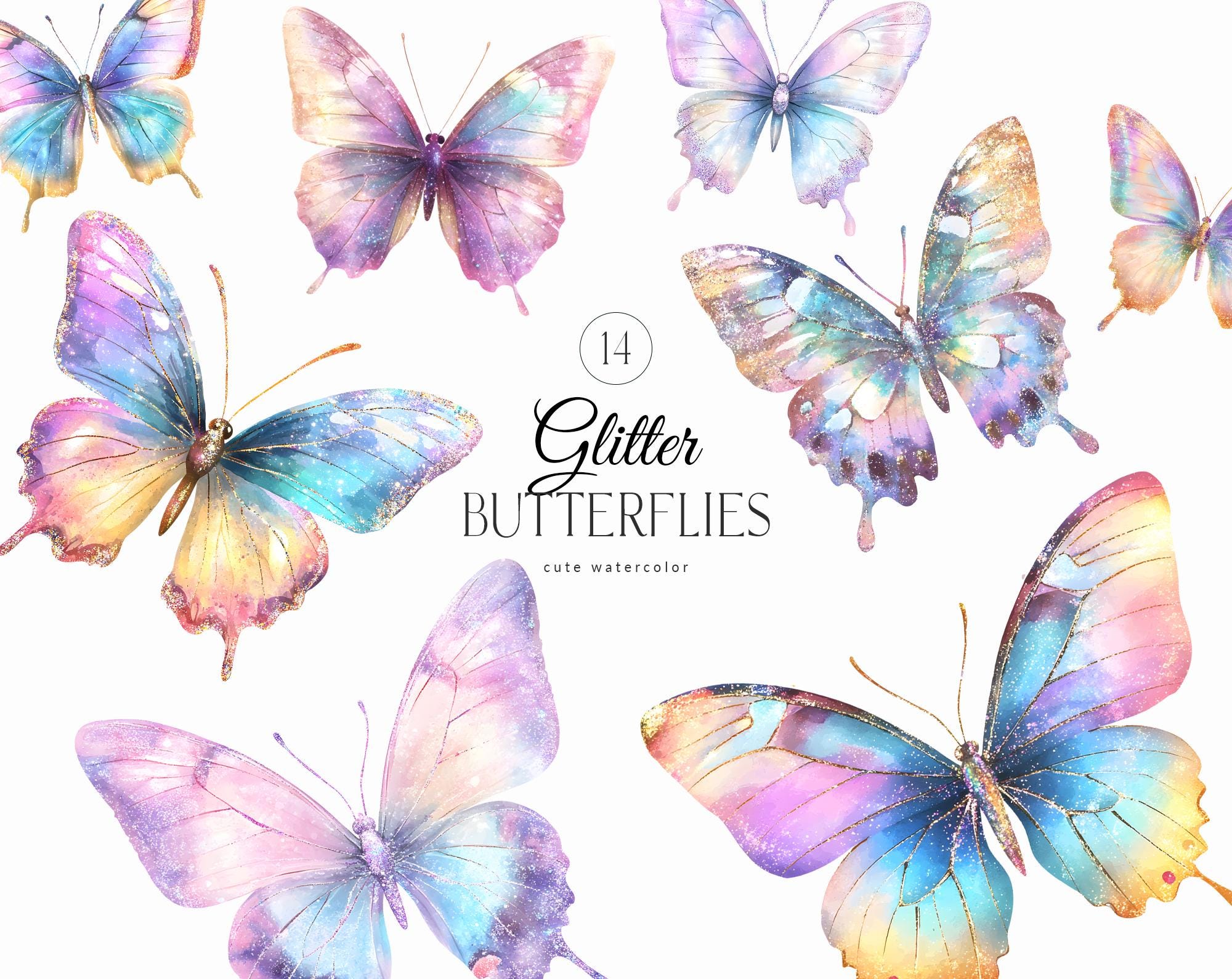 Glitter Butterfly Clipart - Watercolor Pastel Rainbow Butterflies ...
