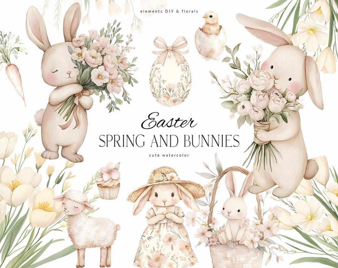 Cute Spring Bunnies Watercolor Clipart - Delicate Spring Nursery ...