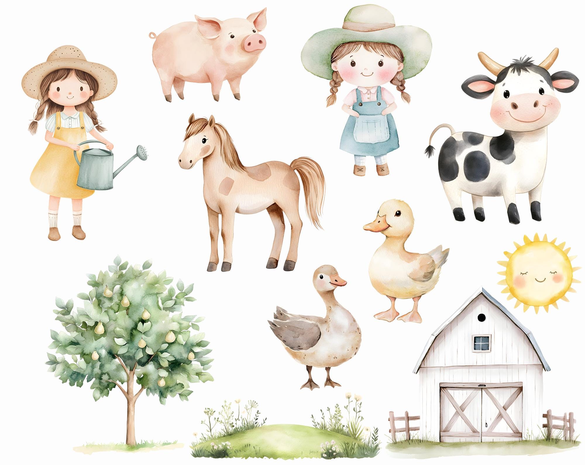 Cute Watercolor Farm Life Clipart - Farmland Animals - Watercolor Farm ...