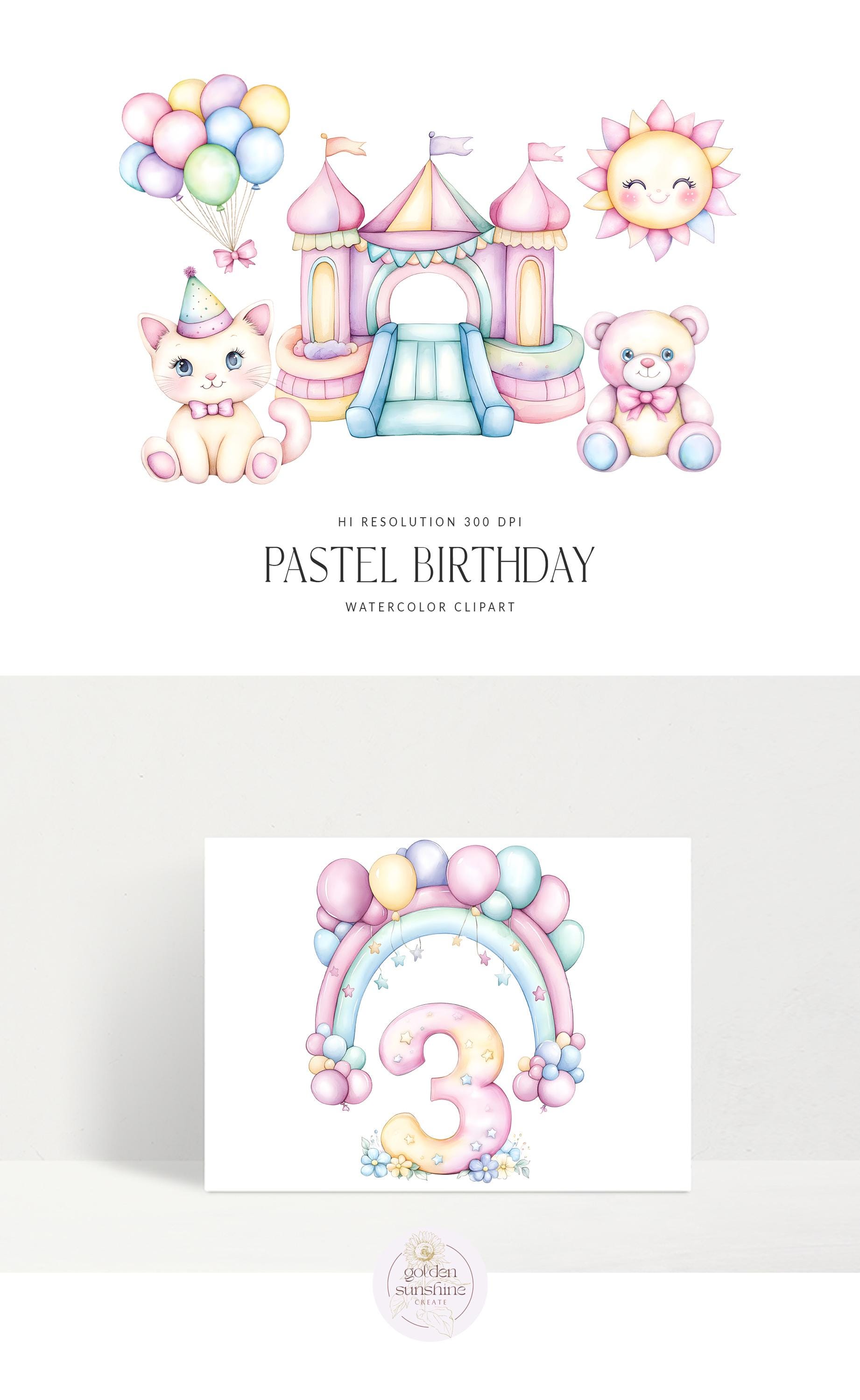 Pastel Birthday Clipart - Rainbow Watercolor Cakes & Balloons, Cute ...
