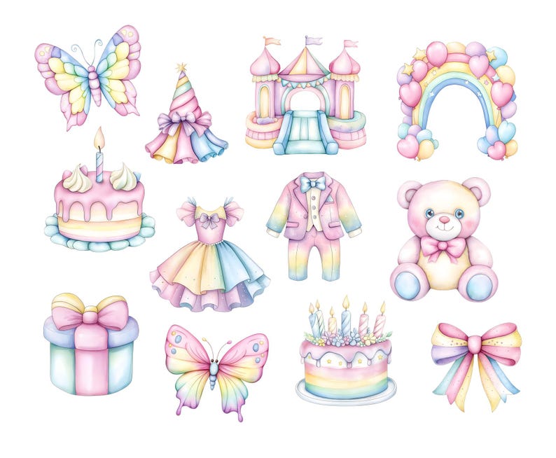 Pastel Birthday Clipart - Rainbow Watercolor Cakes & Balloons, Cute ...