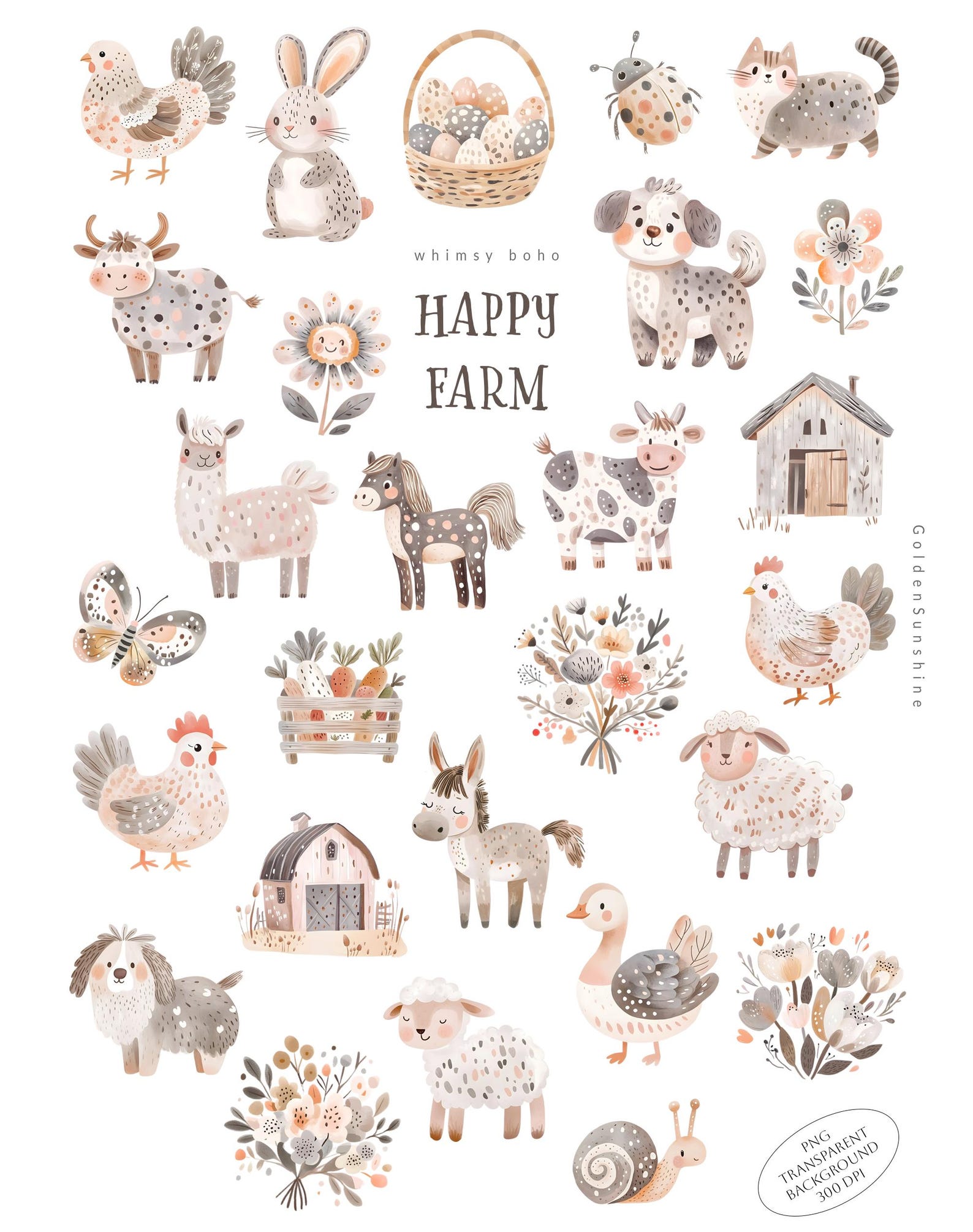Watercolor Farm Animal Clipart Farmland Animals Set Whimsy Boho Nursery ...
