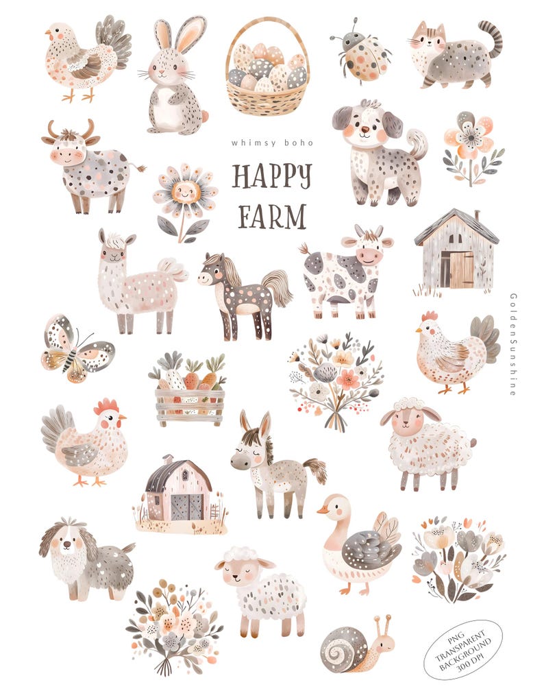 Watercolor Farm Animal Clipart Farmland Animals Set Whimsy Boho Nursery ...