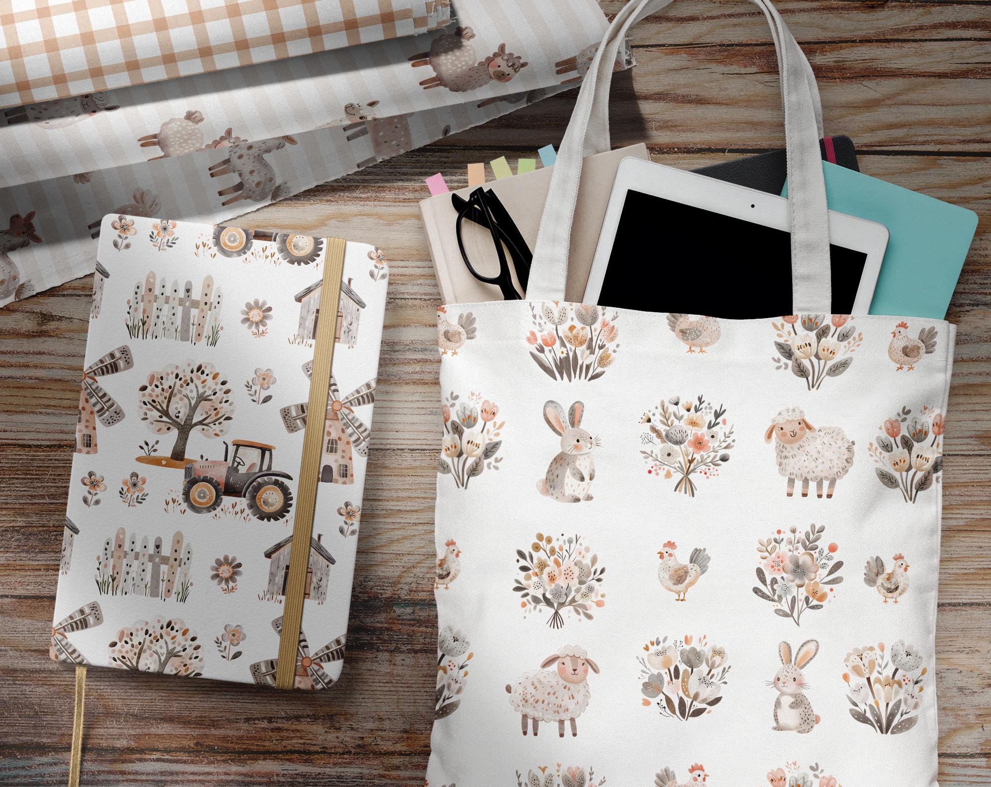 Watercolor Farm Animals Digital Papers Set - Cottagecore Checkered ...