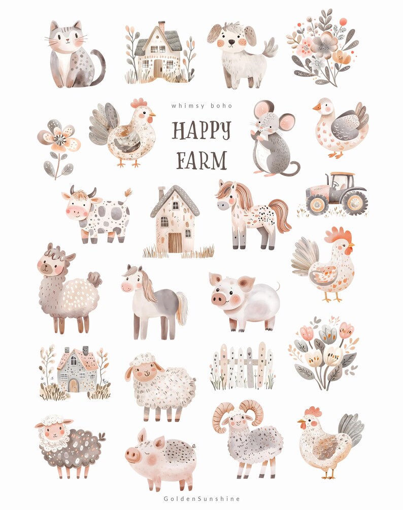 Watercolor Farm Animal Clipart Farmland Animals Set Whimsy Boho Nursery ...