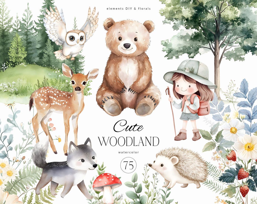Watercolor Woodland Animals Clipart - Cute Woodland Baby Animal ...