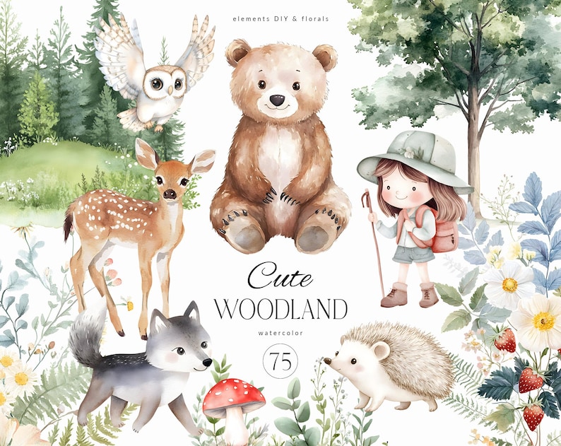 Watercolor Woodland Animals Clipart - Cute Woodland Baby Animal ...