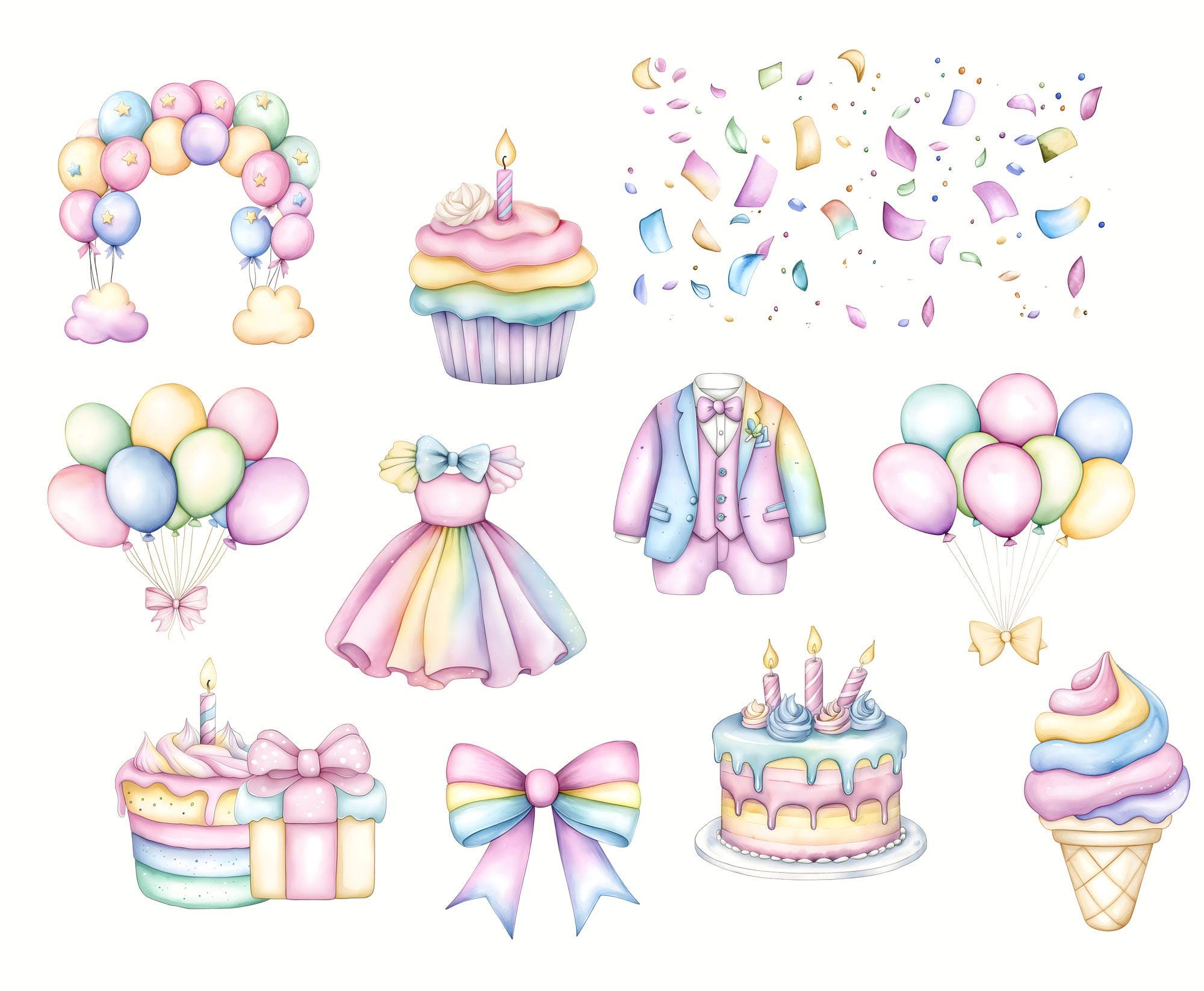 Pastel Birthday Clipart - Rainbow Watercolor Cakes & Balloons, Cute ...