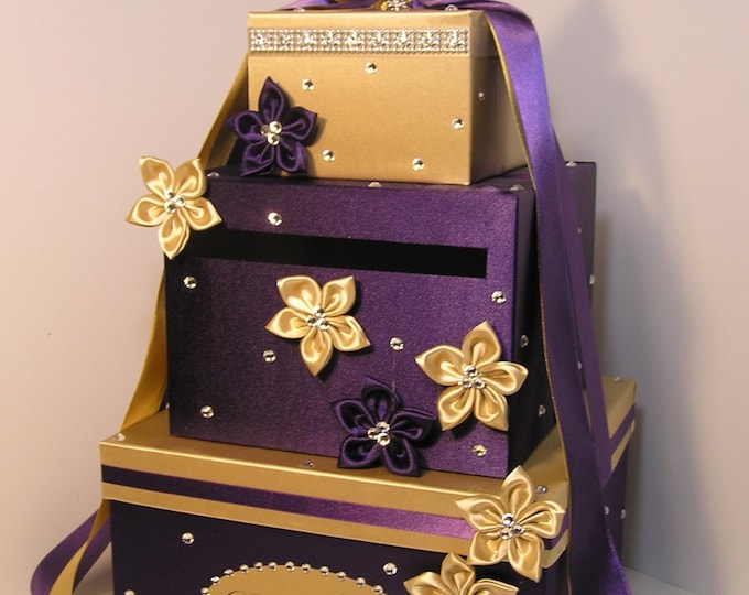 Custom Wedding Card Box, 2 Tier, Card Holder, Square, Purple, Lilies ...