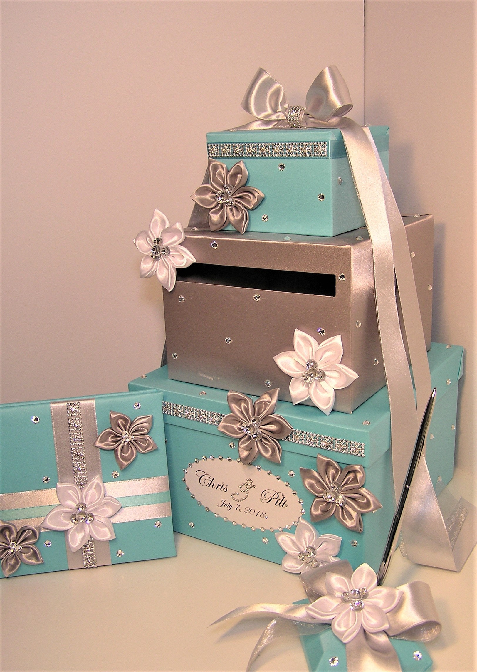 Wedding Card Box Blue and Silver Gift Card Box Money Box | Etsy