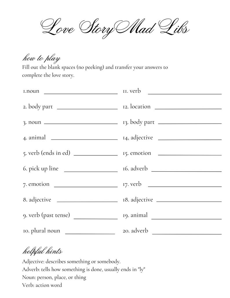 Love Story Mad Libs - Etsy