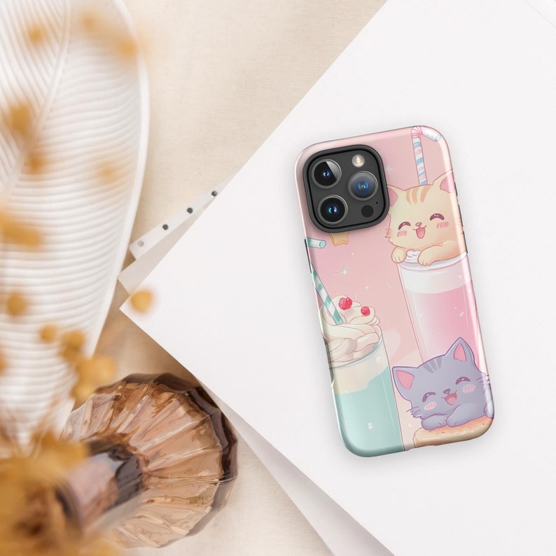 Kawaii Kitten Characters Milkshake & Sweets iPhone 15/16 Case Whimsical ...