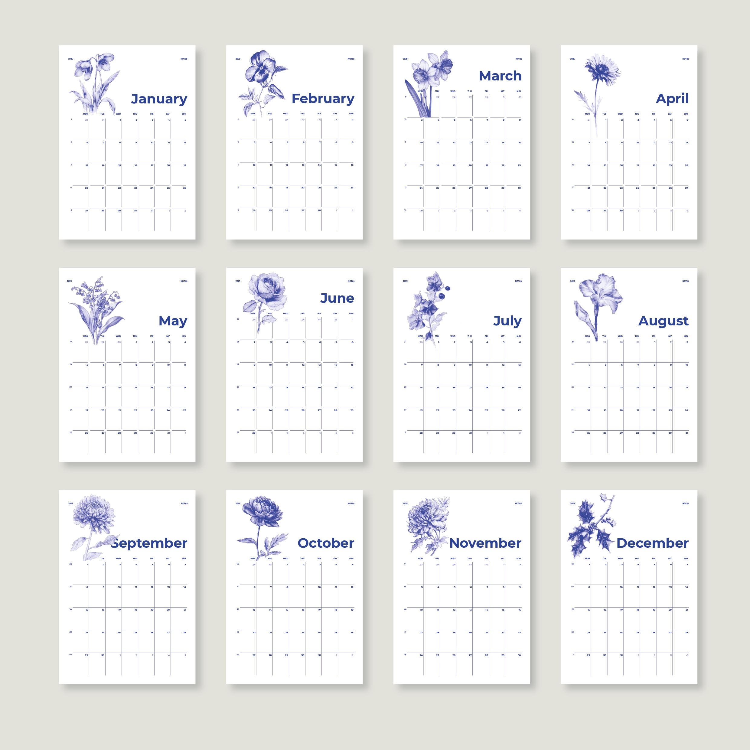 2025 Calendar. Printable Download. Birth Month Flower. Letter Size, A4 ...