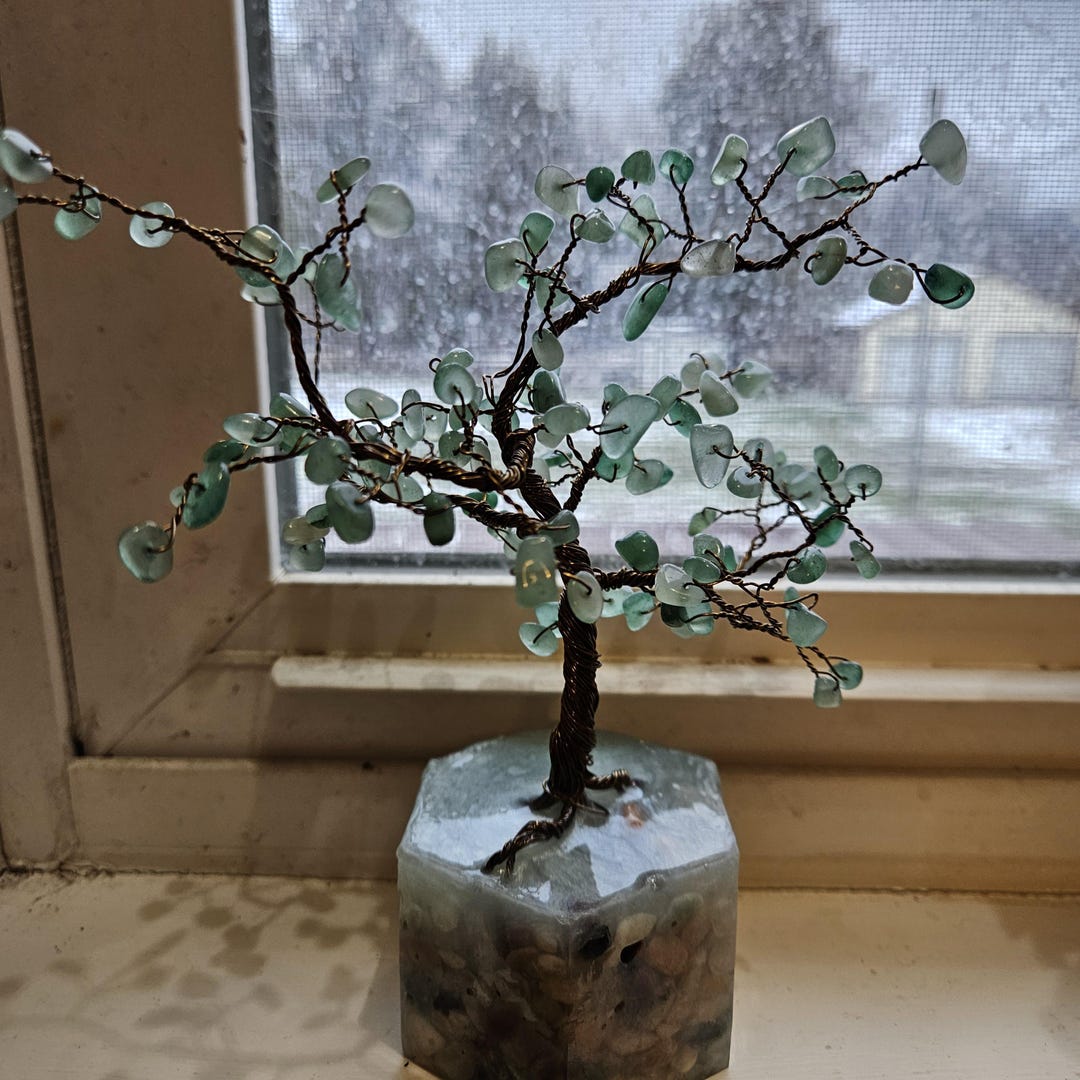 Jade Gem Tree With Antique Brass Colored Wire and Mixed Rock Epoxy Base ...