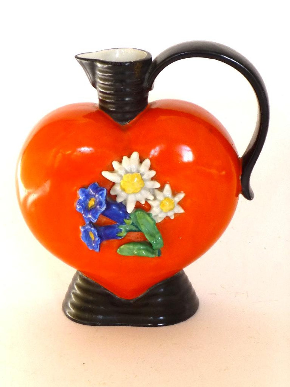 Heart Shaped Porcelain Schnapps Spirit Jug Decanter With Swiss Flowers ...