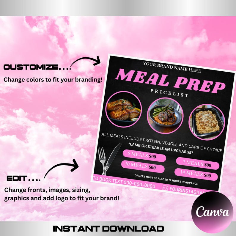 Meal Prep Flyer - Pink Meal Prep Canva Template - Meal Prep Business ...