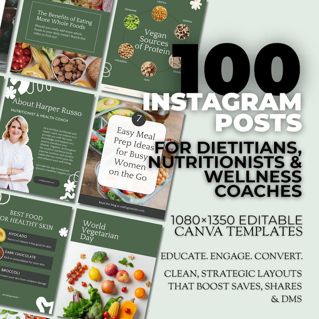 Nutrition Coach Instagram Posts 100 Canva Editable Templates for ...