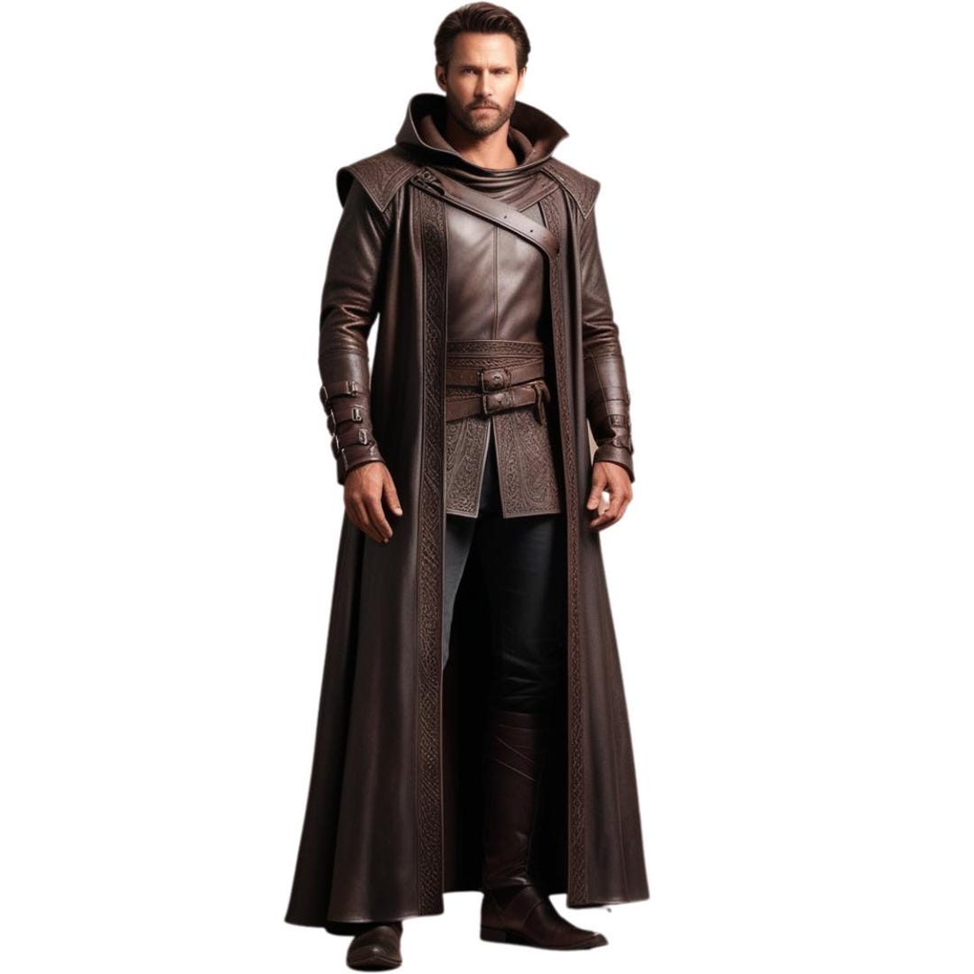 Men's Brown Leather Cloak With High Collar and Belted Waist - Etsy