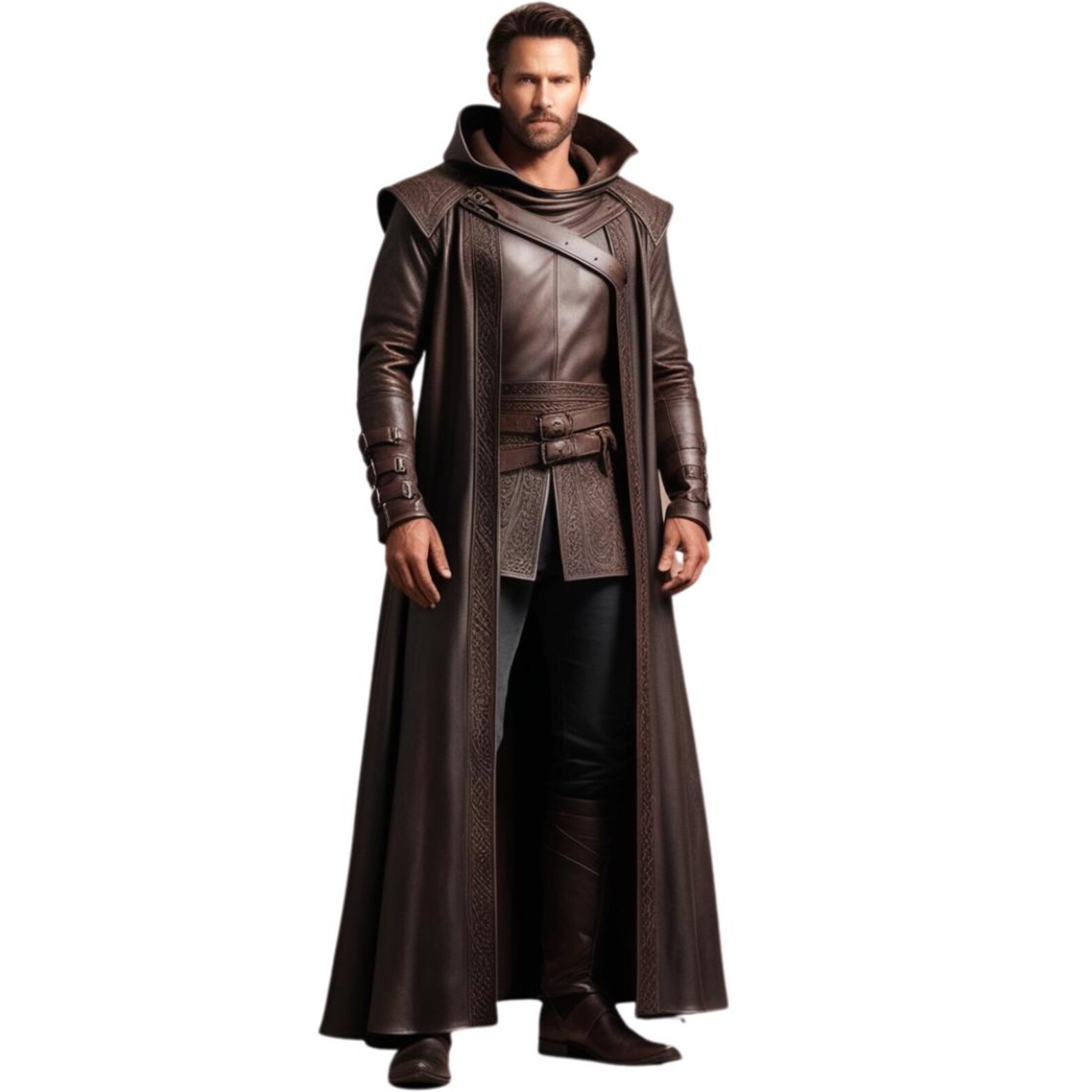 Men's Brown Leather Cloak With High Collar and Belted Waist - Etsy