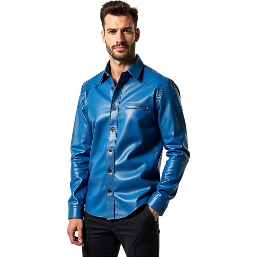 Men's Leather Button-up Shirt-blue Men's Leather Shirt-handmade Men's ...