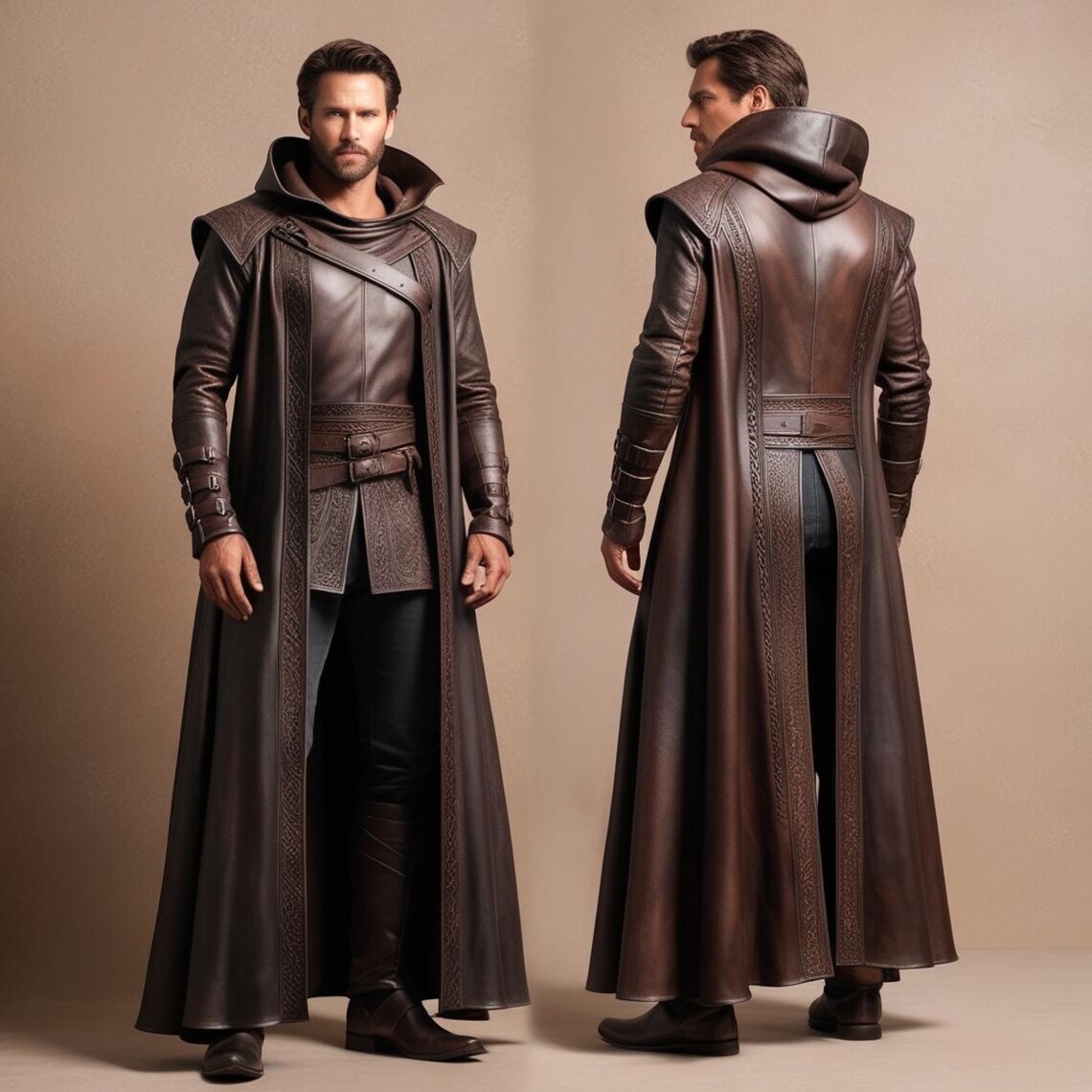 Men's Brown Leather Cloak With High Collar and Belted Waist - Etsy
