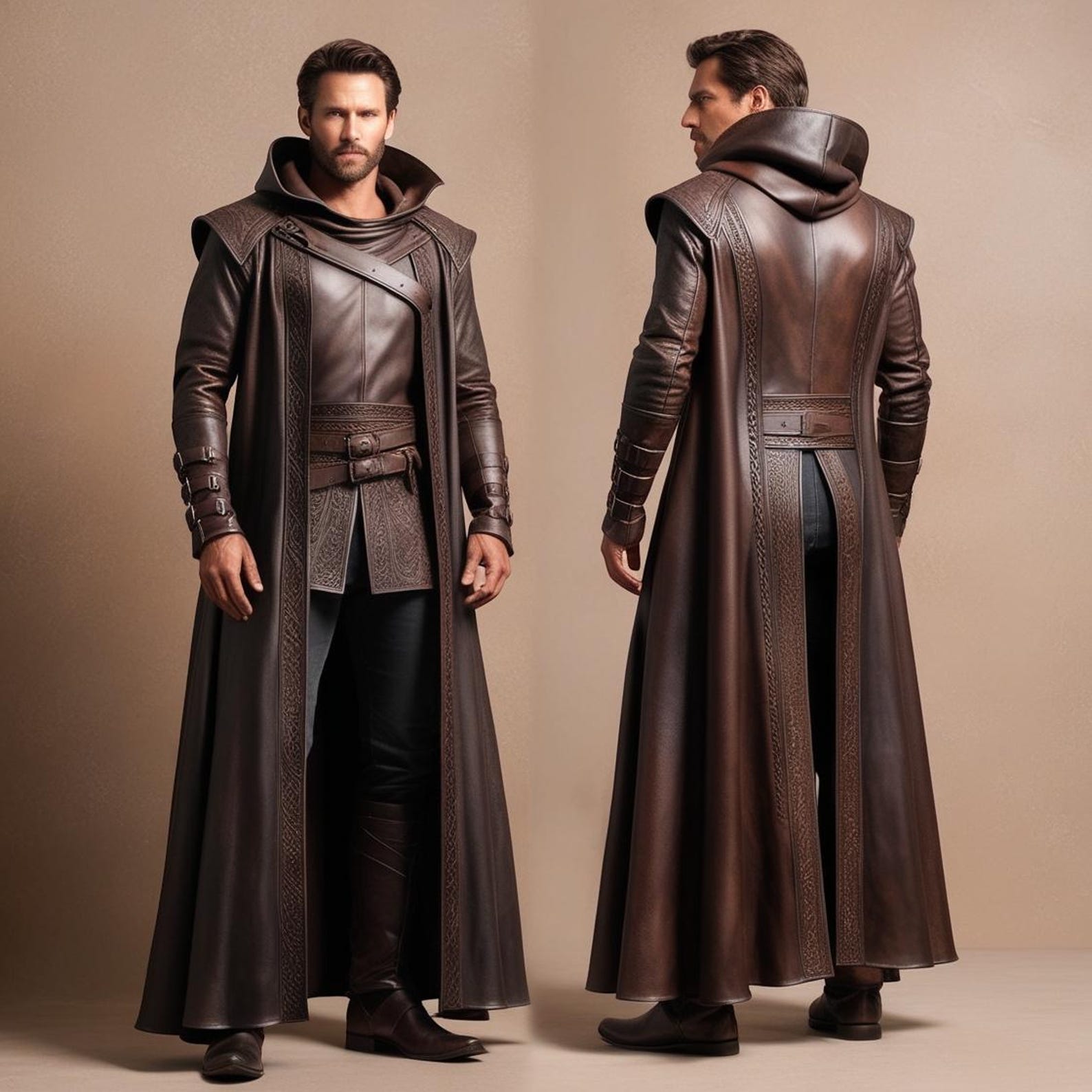 Men's Brown Leather Cloak With High Collar and Belted Waist - Etsy