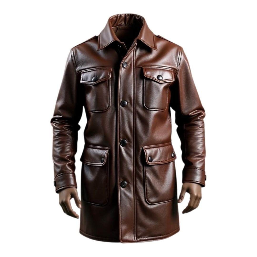 Men's Brown Leather Coat With Four Side Pockets and Button up Collar - Etsy