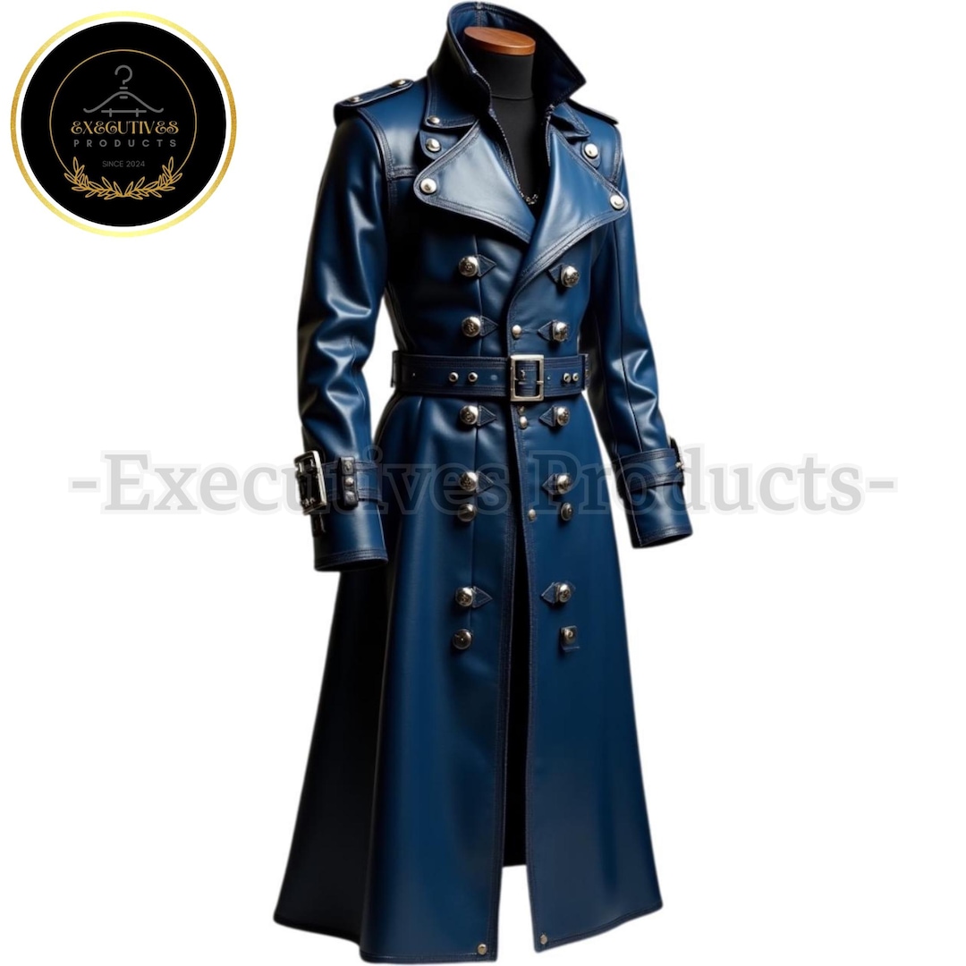 Blue Leather Trench Coat - Military Style Leather Overcoat - Etsy
