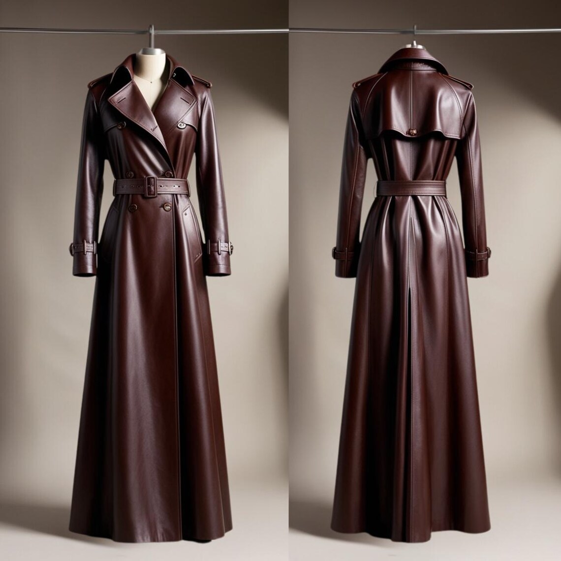 Elegant Full-length Brown Leather Trench Coat - Etsy