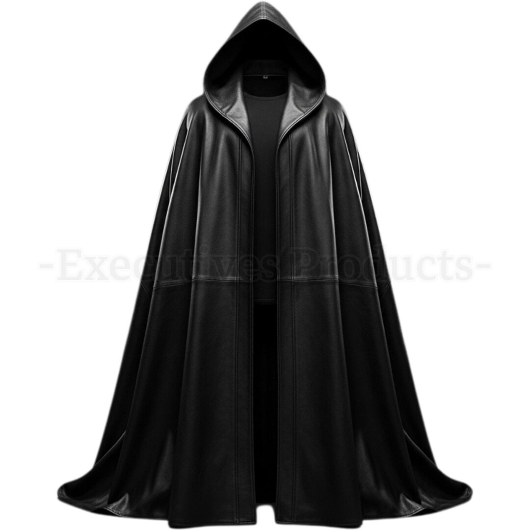 Gothic Black Hooded Leather Cloak - Dramatic Full-length Cape for ...