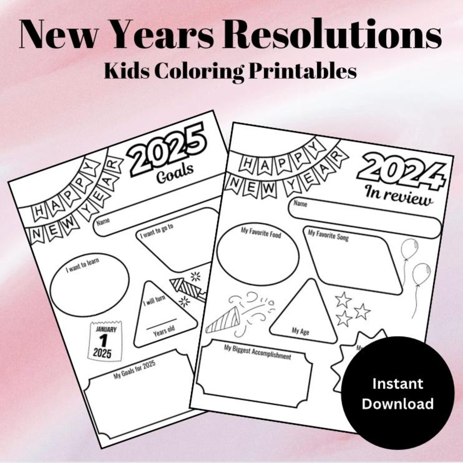 News Years Resolutions Kids Coloring Sheet, PDF Instant Download ...