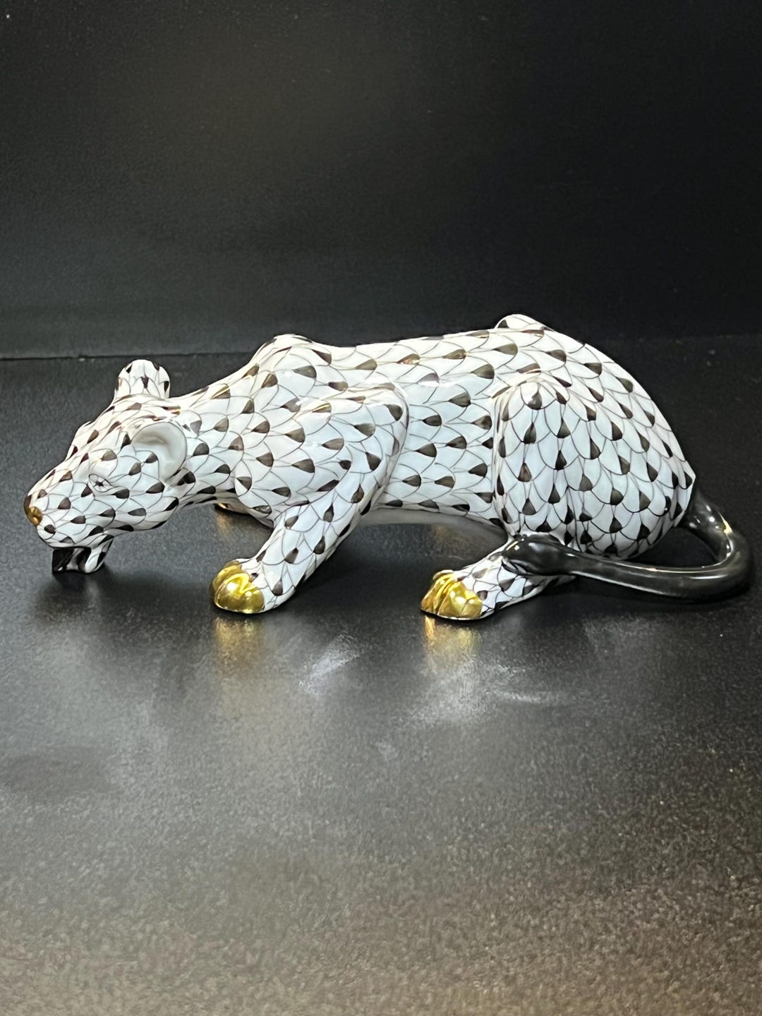 Herend Figurine Large Drinking Lioness Handpainted Vieux Herend Black ...