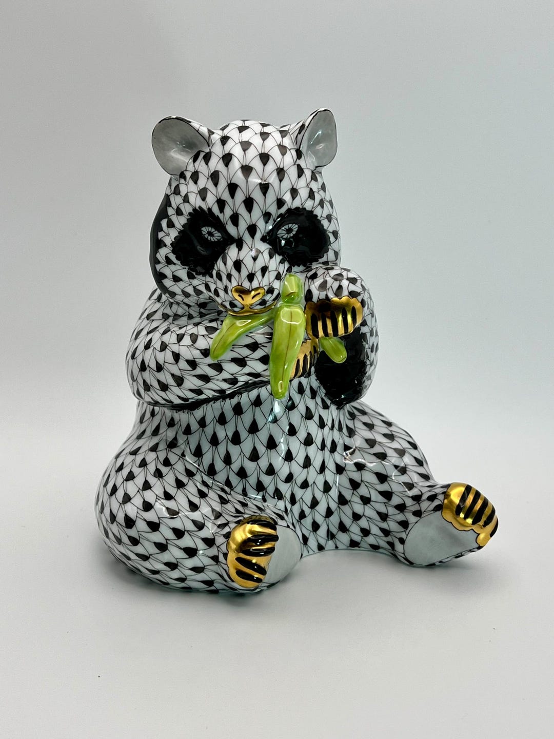Herend Panda Eating Bamboo Figurine Handpainted Black Fishnet W 24k ...