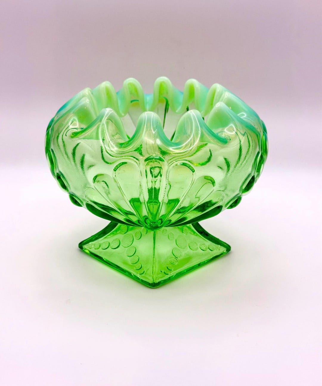 1900s American Green Glass Compote With Opalescent Scalloped Rim ...