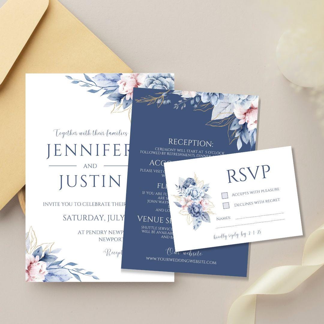 Pink & Blue Wedding Invite Suite, Floral Invitation Stack, Nautical ...