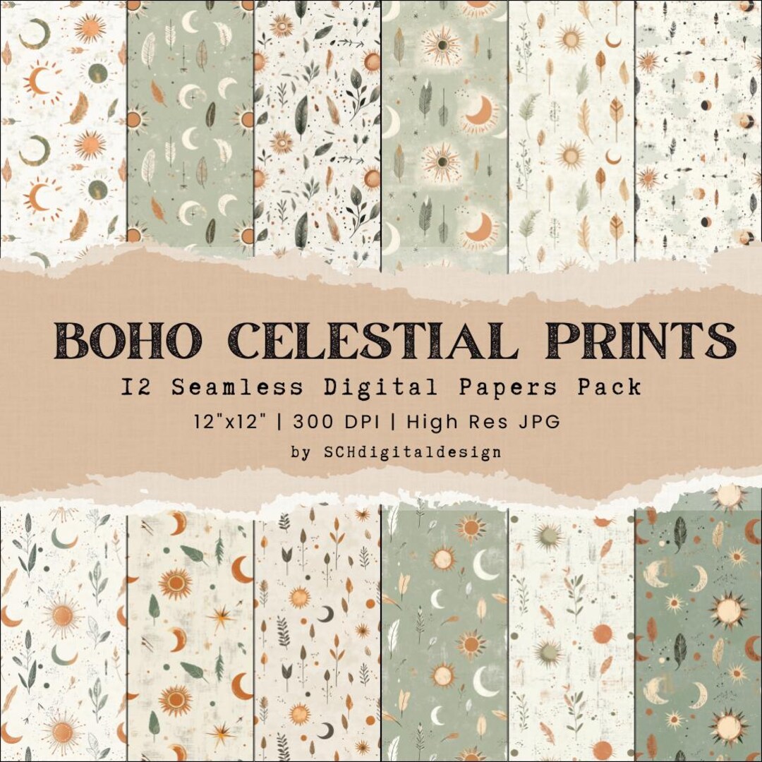 Boho Celestial Digital Paper Earthy Tone Colors Seamless Boho Pattern Linen Texture Digital ...