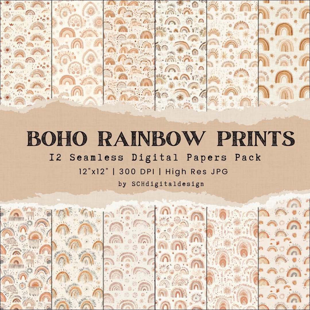 Boho Rainbow Sun Burst Digital Paper Pack Boho Rainbow Neutral Digital ...