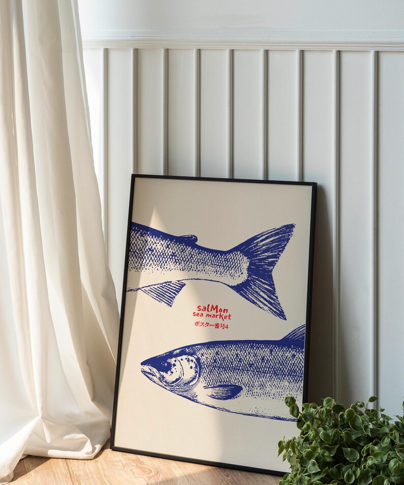 Salmon Poster Art - Retro Salmon Wall Art Fish Print Retro Vintage ...