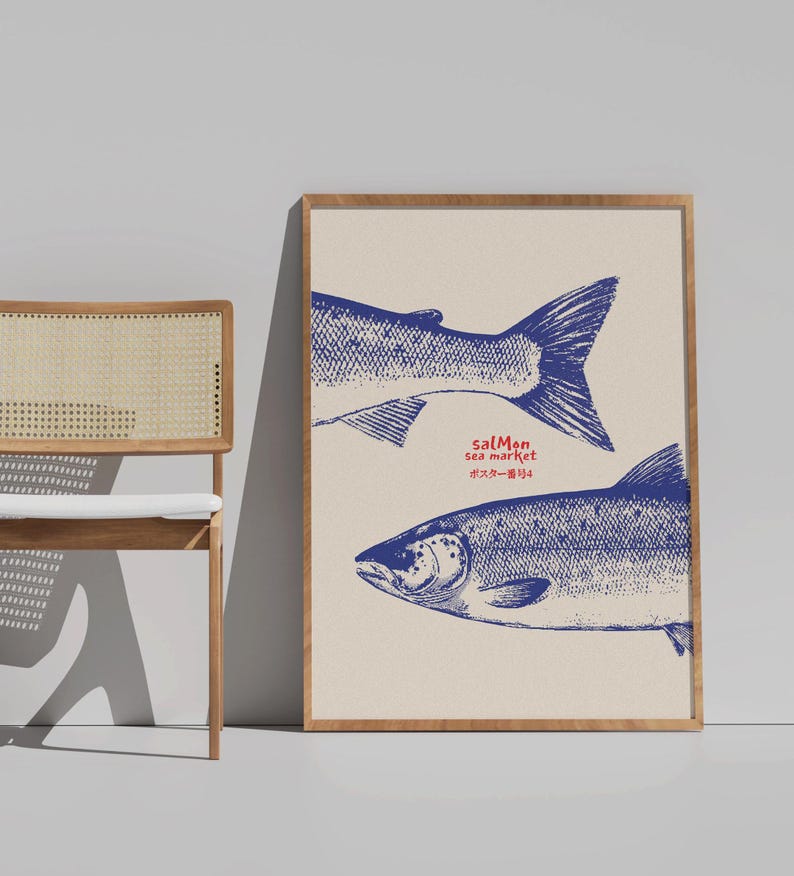 Salmon Poster Art - Retro Salmon Wall Art Fish Print Retro Vintage ...