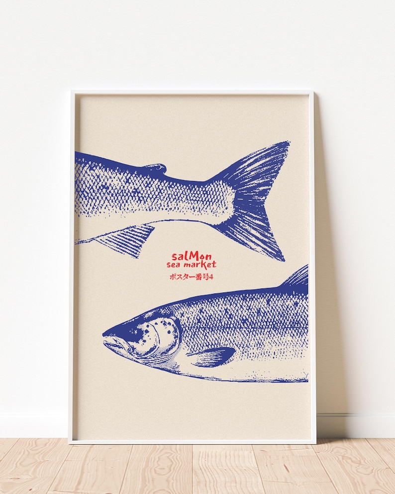 Salmon Poster Art - Retro Salmon Wall Art Fish Print Retro Vintage ...