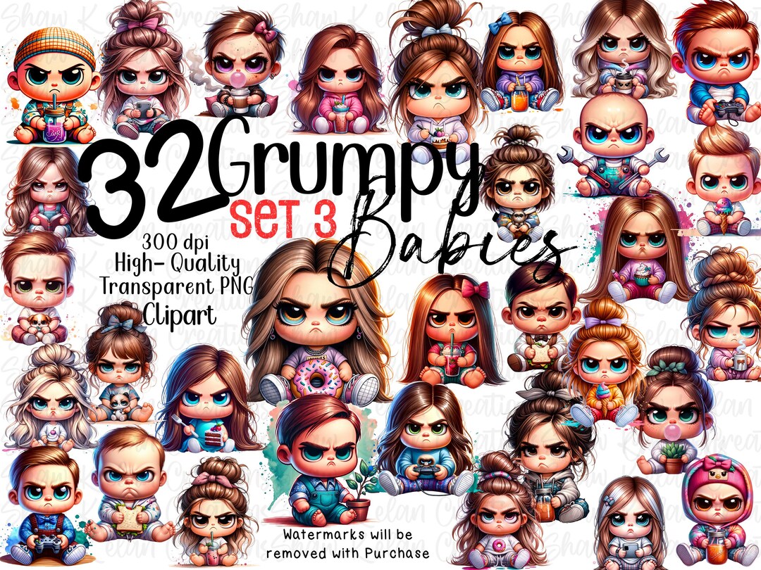 32 Grumpy Babies Clipart Set | High-quality Transparent PNG | 300 DPI ...