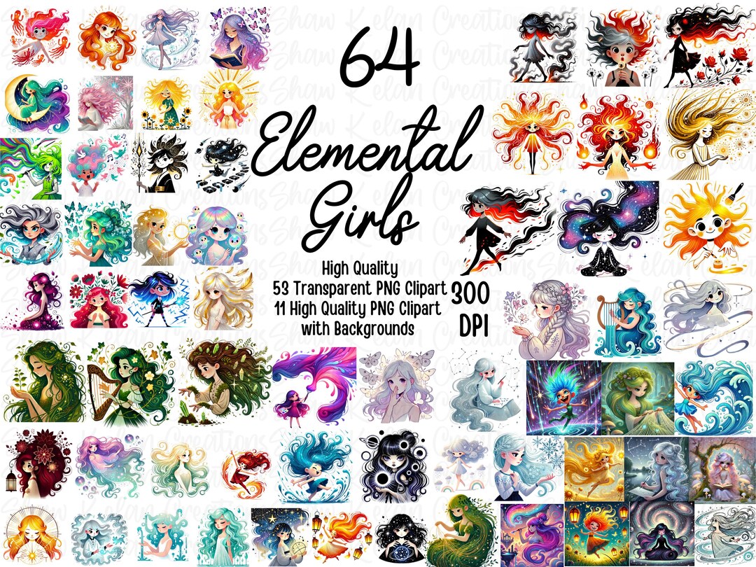 Elemental Girls Clipart: Fantasy Magic Woman PNG, Fire Water Air Earth ...