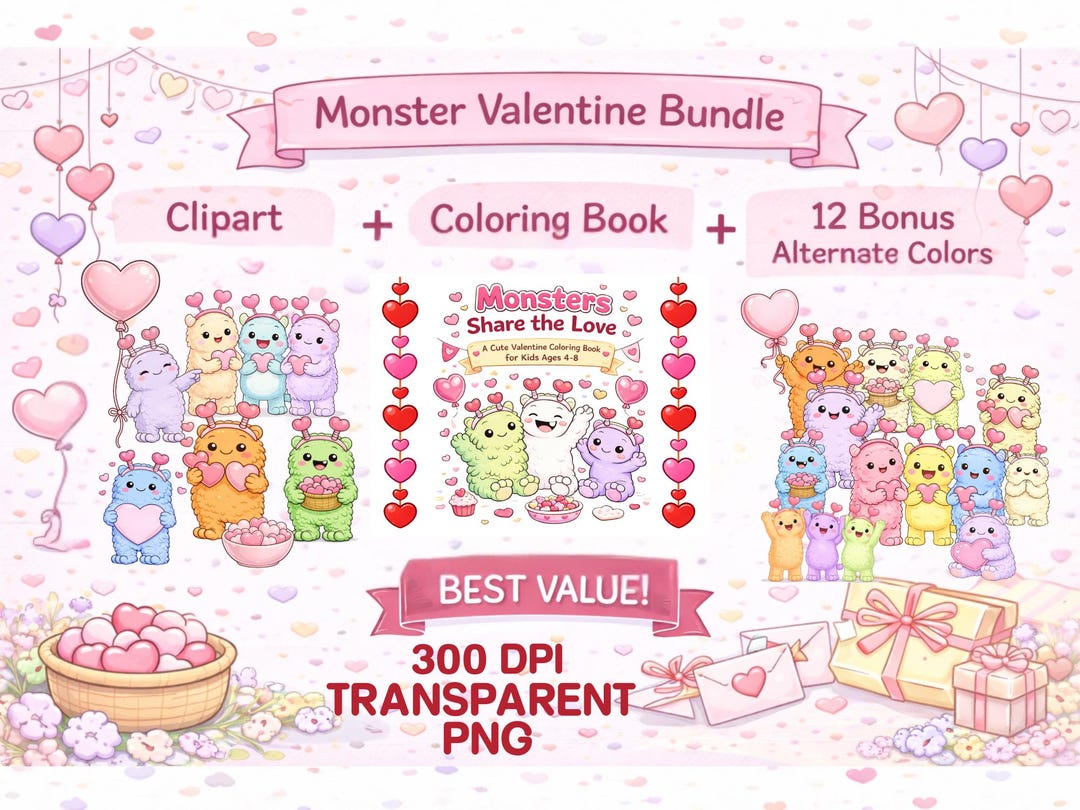 Monster Valentine Coloring Book & Clipart Bundle for Kids | Valentine ...