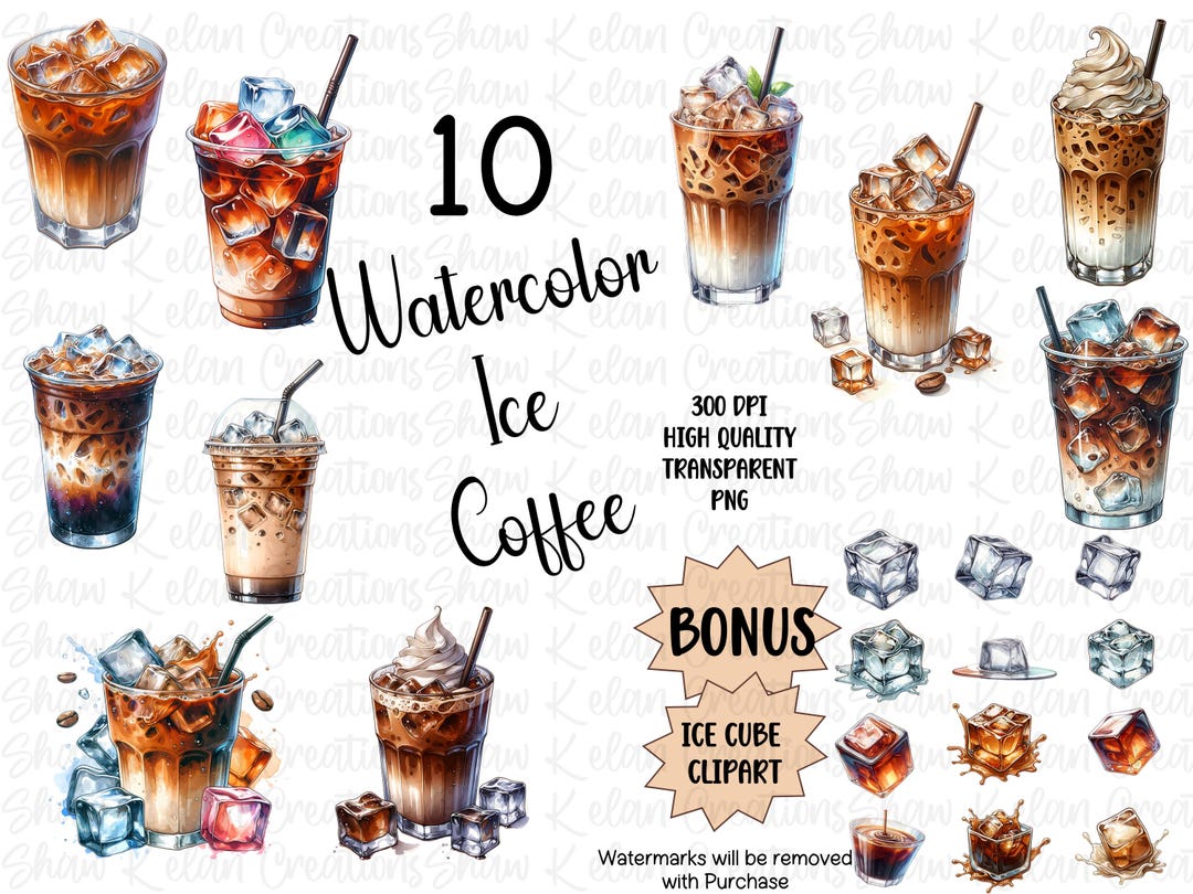 Watercolor Iced Coffee Clipart | 10 Pngs + Bonus Ice Cubes ...