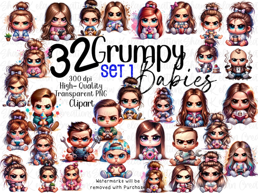 32 Grumpy Babies Clipart Set | High-quality Transparent PNG | 300 DPI ...