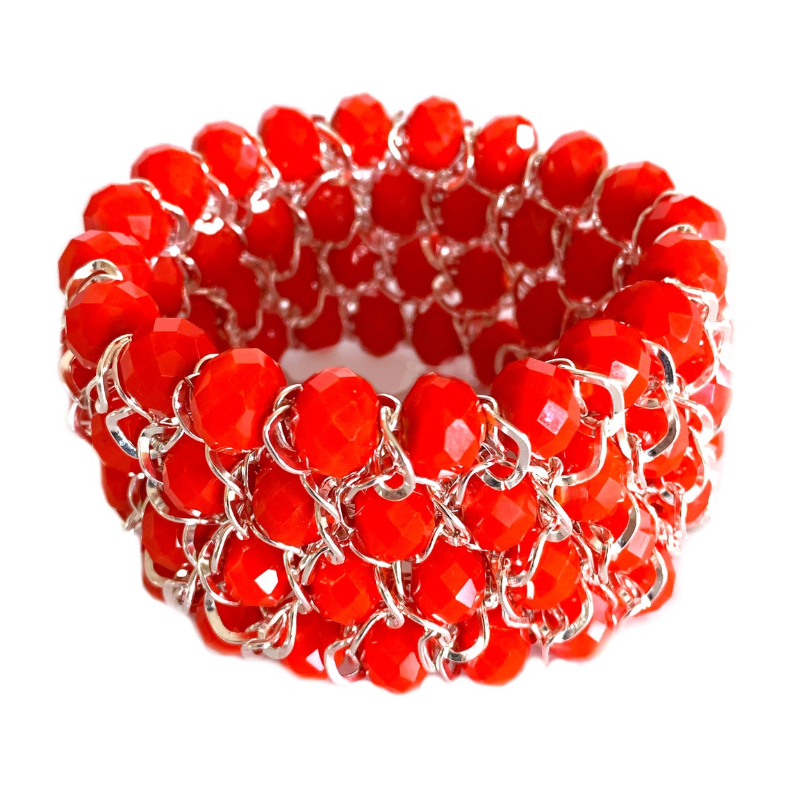 Red Orange Crystal and Chain Cuff Stretch Bracelet Stretch | Etsy